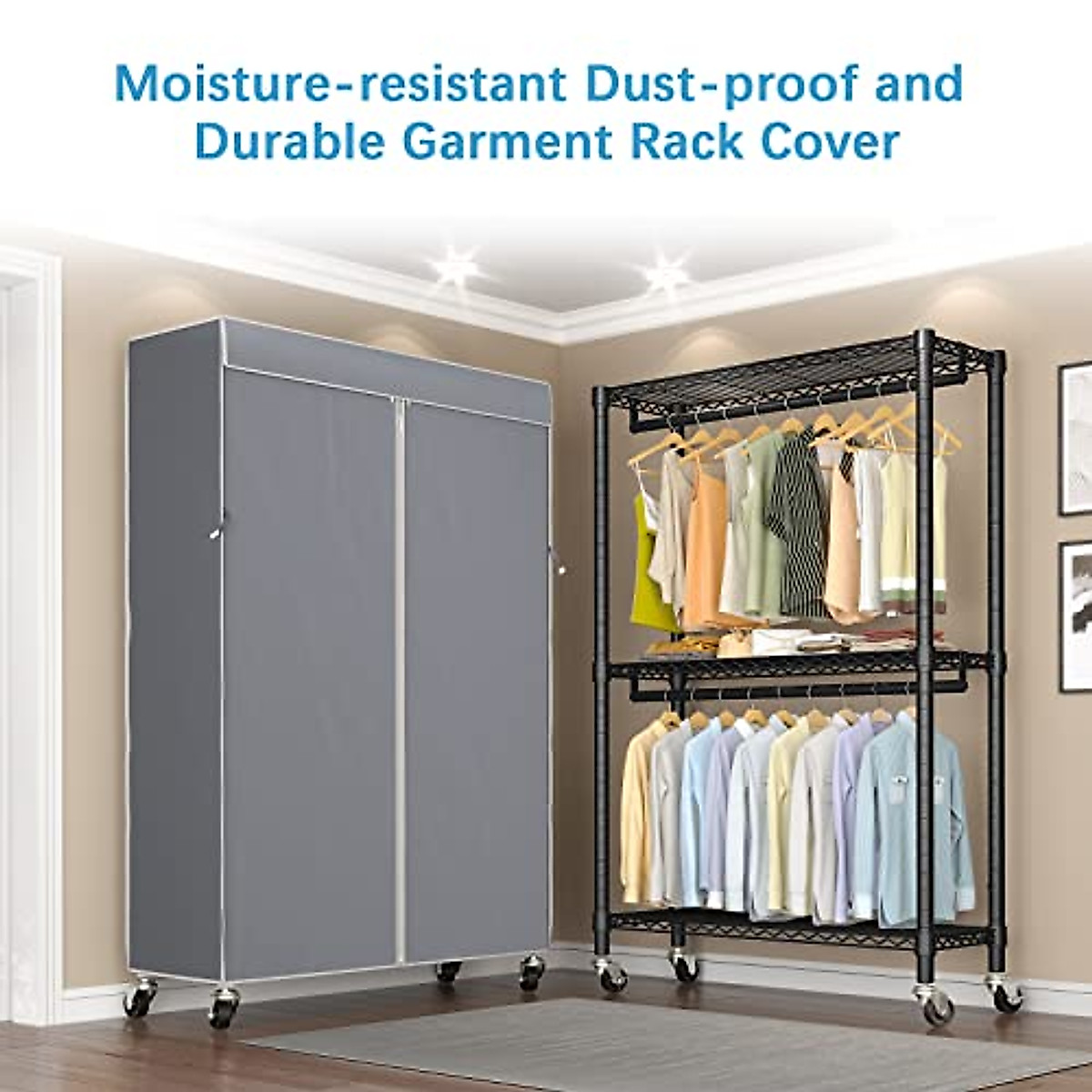 VIPEK V12C Heavy Duty Rolling Garment Rack with Cover Clothing Rack for Hanging Clothes Portable Closets with Adjustable 3 Wire Shelving, Double Rods, Freestanding Wardrobe, Black Rack with Grey Cover