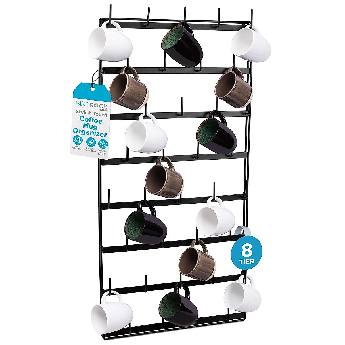 BirdRock Home 36 Peg Mug Rack for Wall - Coffee Tea Cup Glass Storage Holder - Coffee Bar Display Décor - Decorative Kitchen Organizer - Heavy Duty Rack - Flat Black Metal Steel
