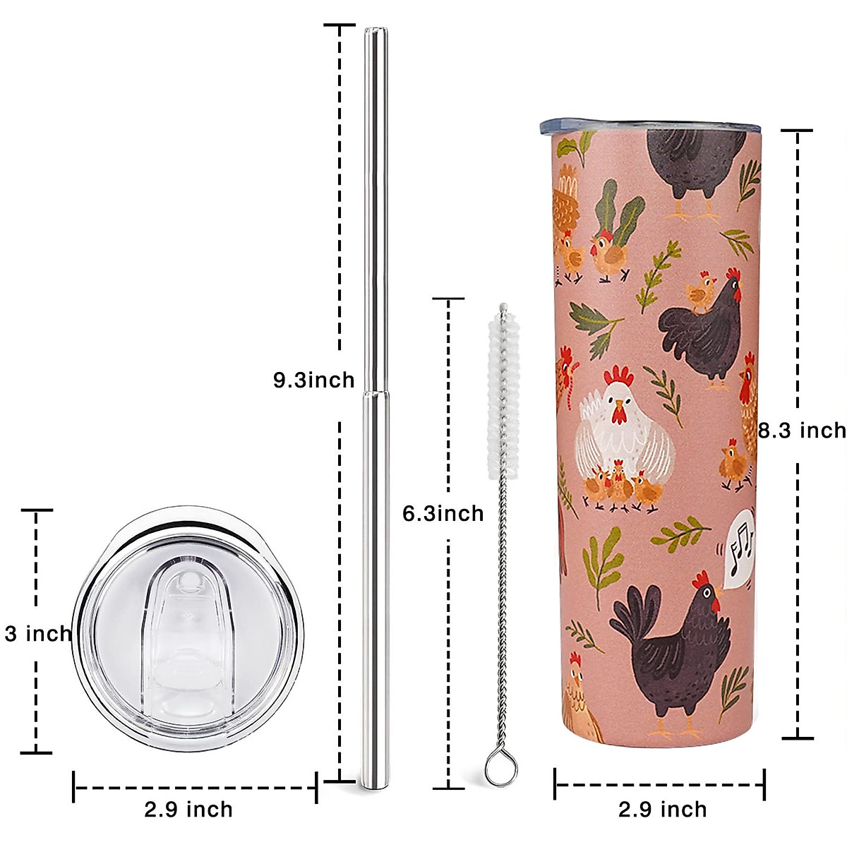 Yuzlin Chicken Tumbler With Lid and Straw Stainless Steel 20oz Breeds of Chicken Knowledge Skinny Tumbler Insulated Cute Hen Chicken Mug Chicken Cups Water Bottle Gifts for Chicken Loves Women