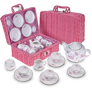 Porcelain Tea Set for Girls - Pink Ceramic Tea Cups with Pink Box - Tea Glass Toy for Kids Tea Party - Ideal Gift for Toddlers and Children's Ages 3 Years Old - Floral Design, 13 Pieces