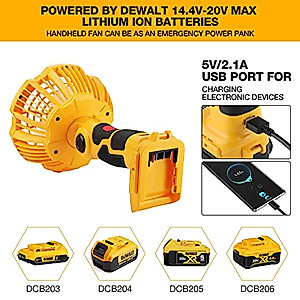YEX-BUR Outdoor Camping Fan with LED Lantern Powered by Dewalt 14.4V-20V Li-ion Battery Rechargeable USB Portable Handheld Fan with IR Remote, 90° Oscillating, 3 Speeds, 3 Modes, 4H Timer