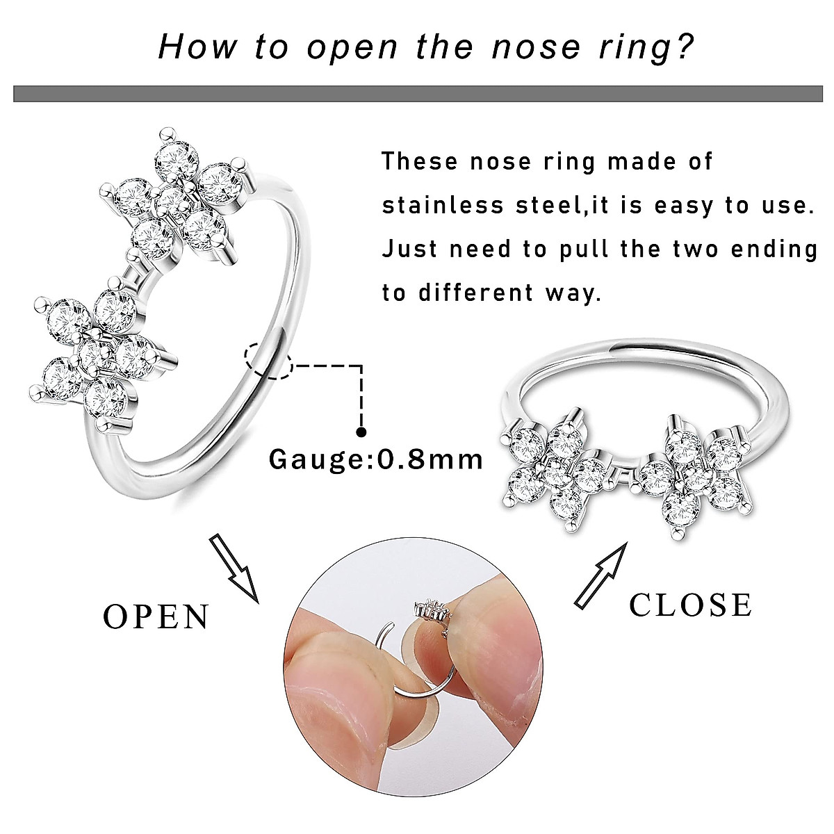 ORAZIO 9Pcs 20G Nose Rings Hoops For Women Surgical Steel Paved CZ Cartilage Earring Hoop Cute Butterfly Flower Nose Piercing Jewelry Silver Gold Black Rose Gold Nose Ring Hoop