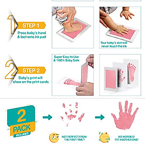 1Dino Premium Baby Handprint and Footprint Kit - 12.6” x 12.2" White/Grey Wood Picture Frame - Includes 2X Clean Touch Ink Pad Pink for Baby Hand and Footprints - Registry for Baby, Baby Shower Gifts