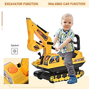 HOMCOM NO Power Ride On Excavator Toy Tractors Digger Movable Scooter Walker Pretend Play Toddler Construction Truck Basket Storage for Boys Girls 3 Years Old Yellow Black
