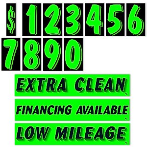 VERSA-TAGS 7.5" Black/Green Vinyl Number Decals 11 Dozen Set Windshield Pricing & 1 pack of each of Extra Clean, Financing Available, Low Mileage 14.5" x 2.75" Sticker Windshield Decal Auto Dealership