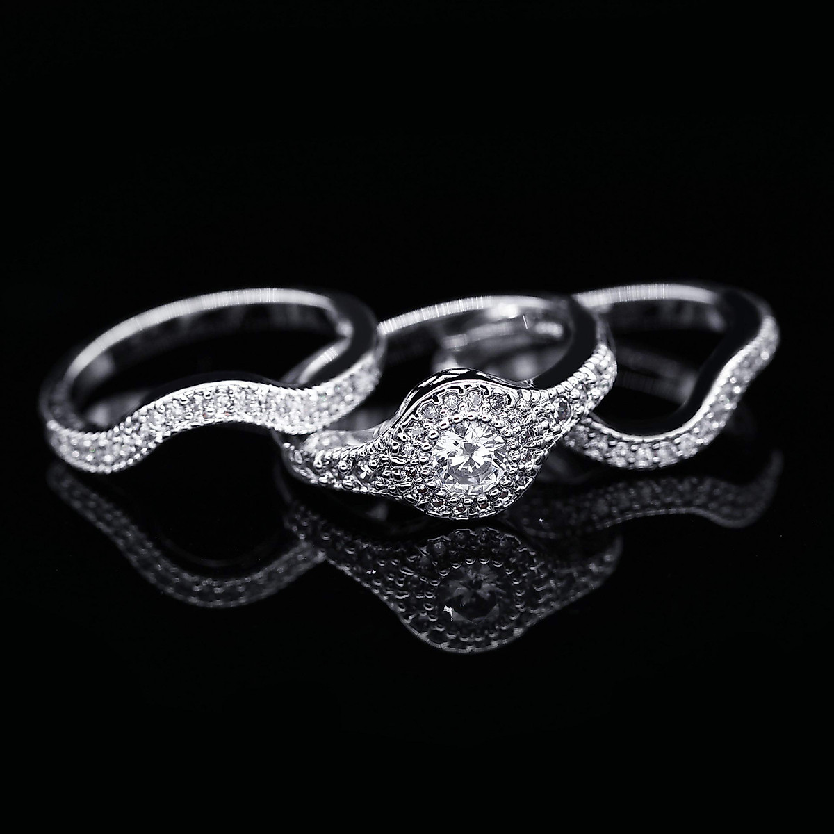 Uloveido White Gold Plated Cubic Zirconia Wedding Ring 3 Sets Stackable Rings Engagement Bridal Band Solitaire Accent RA0346 (Size 7)