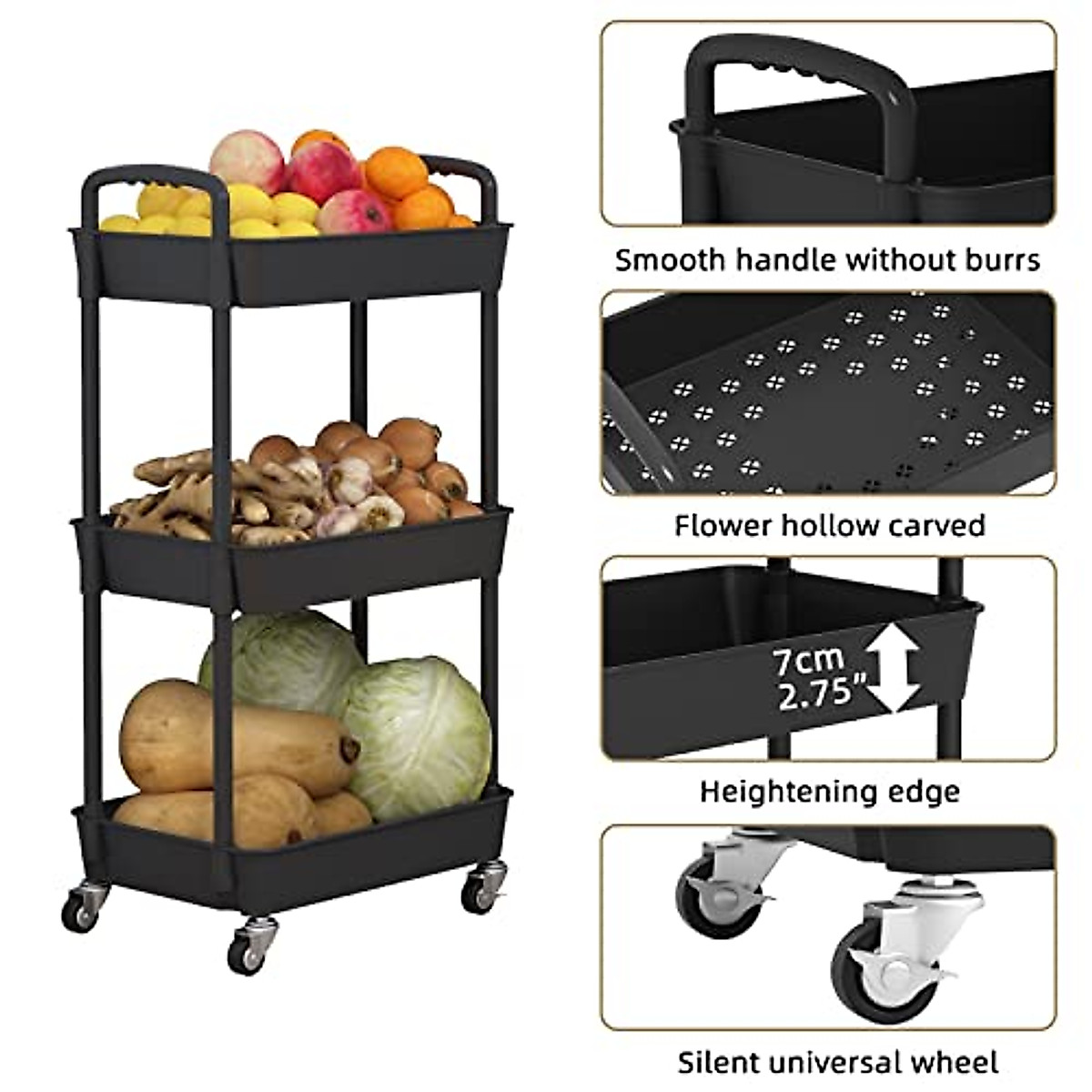 JIUYOTREE 3-Tier Rolling Storage Cart Utility Cart with Lockable Wheels for Living Room Bathroom Kitchen Office Black