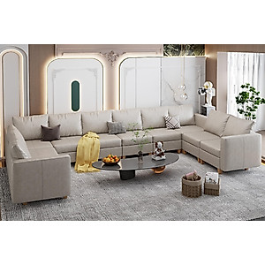 EASE MOOSE Large Sectional Sofa U Shaped Sectional Couch with Storage, Faux Leather Modular Sofa Convertible Sleeper Sofa with Reversible Chaises, Whitesand