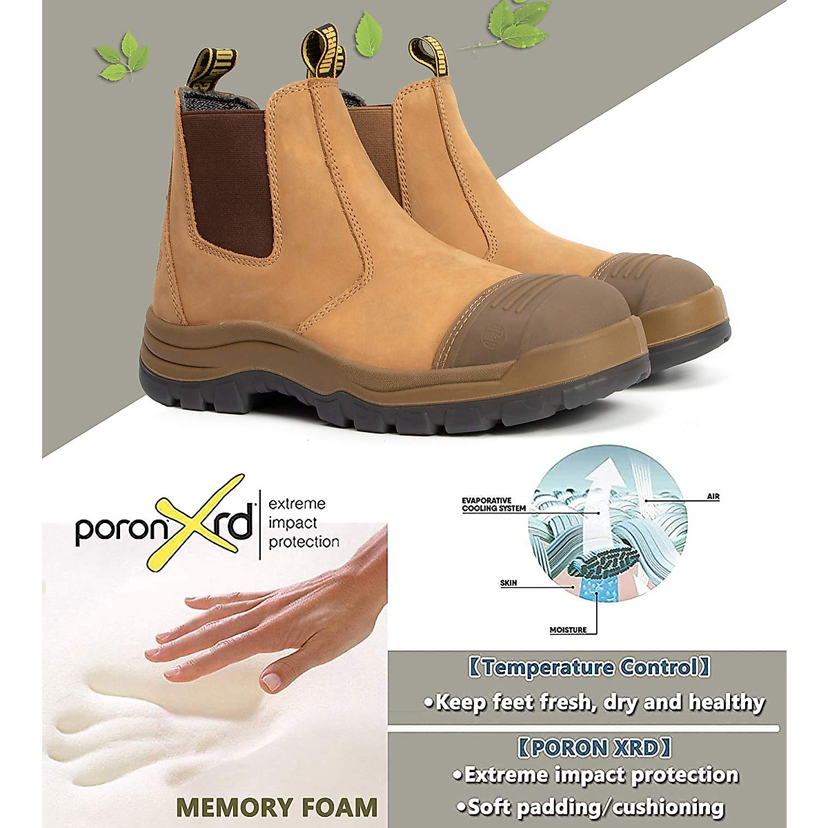 DIIG Work Boots for Men, Steel Toe Waterproof Working Boots, Slip Resistant Anti-Static Slip-on Safety Working Shoes 8 9 10 11 12 13 (TAN/822EE, 9.5)