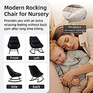 NIOIIKIT Nursery Rocking Chairs, Accent Rocking Chair with Solid Metal Legs, Upholstered Velvet Glider Rockers with High Backrests for Mom, Gifts, Living Room, Bedroom (Black Velvet)