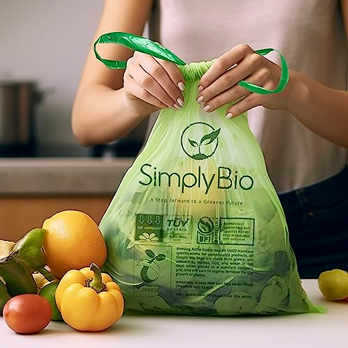 Simply Bio 3 Gallon Compostable Trash Bag with Drawstring, Heavy Duty Extra Thick 1 Mil, 50 Count, 11.36 Liter, Small Kitchen Food Scrap Trash Bags, ASTM D6400, US BPI and Europe OK Compost Certified