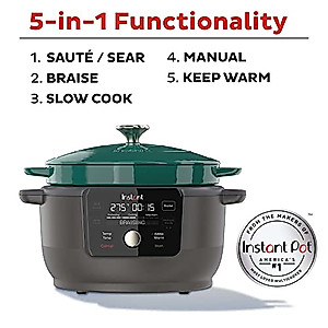 Instant Pot, 6-Quart 1500W Electric Round Dutch Oven, 5-in-1: Braise, Slow Cook, Sear/Sauté, Cooking Pan, Food Warmer, Enameled Cast Iron, Free App With 50 Recipes, Perfect Wedding Gift, Green
