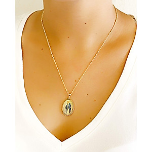 LESLIE BOULES Virgen La Milagrosa Pendant Necklace 18K Gold Plated Chain 18 Inches Length