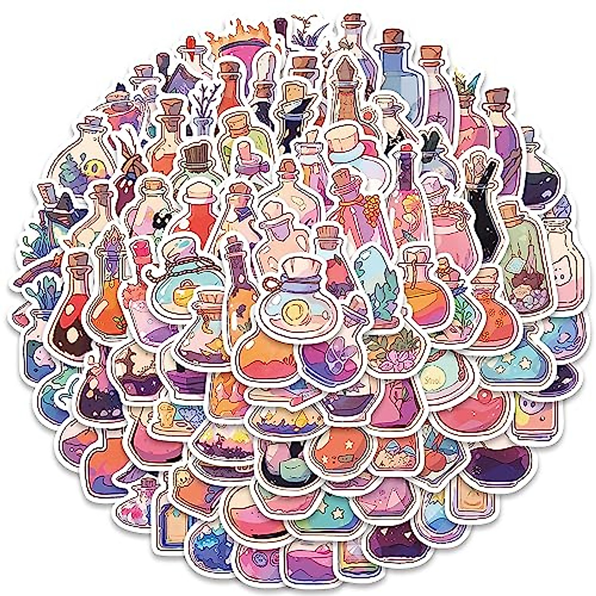 Magic Potion Stickers, Cute Aesthetic Potion Bottle Stickers,100pcs Small Waterproof Vinyl Stickers for Water Bottle, Laptop, Scrapbook, Guitar, Skateboard, Luggage, Jaurney Cool Stickers for Kids Teens Girls (Bottles)