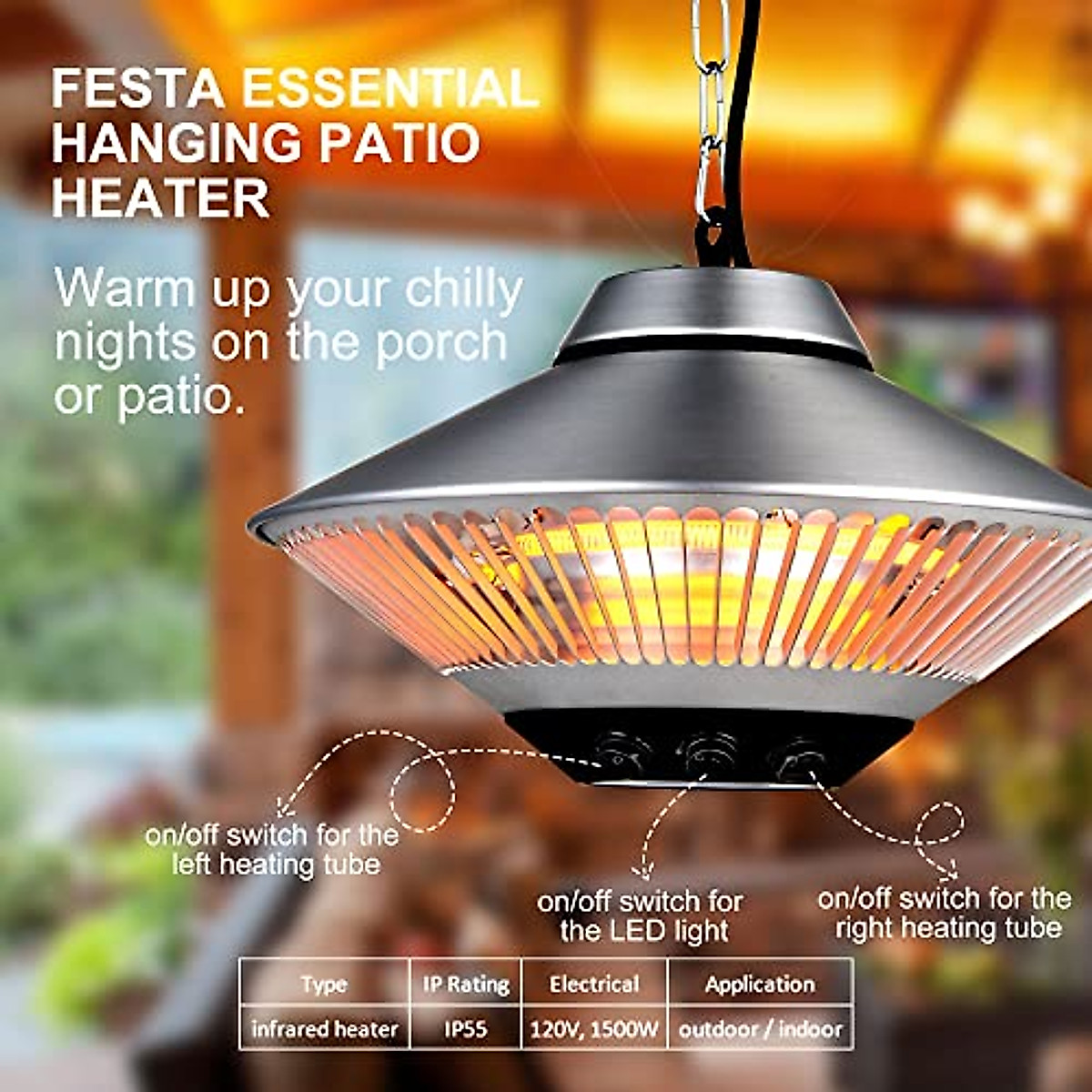 Festa Essential IP55 1500W Electric Hanging Patio Heater for Outdoors w/Infrared Carbon Tubes, LED Light, Tilt Switch and Pole Mounting Hole - Black