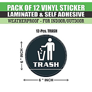 Trash Bin Can Sticker - (Pack of 12) 6" Large Round Laminated Vinyl Decals Recycle Can Bins Sign Labels