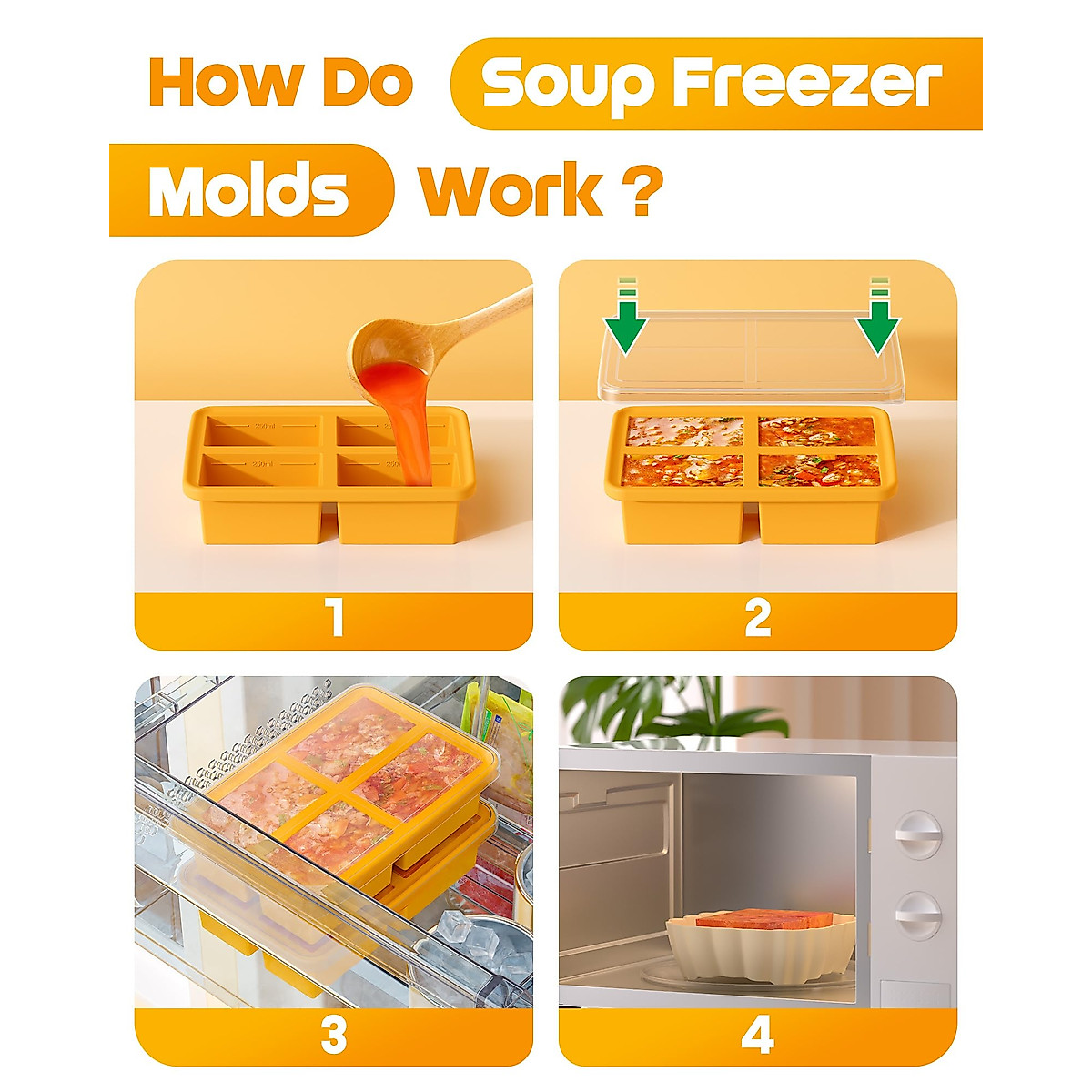 KEMETHY Silicone Freezer Trays with Lid, 2 Pack Silicone Soup Freezer Molds, BPA Free Soup Freezer Containers, 1 Cup Silicone Freezer Molds for Soup, Broth, Sauce and Ice