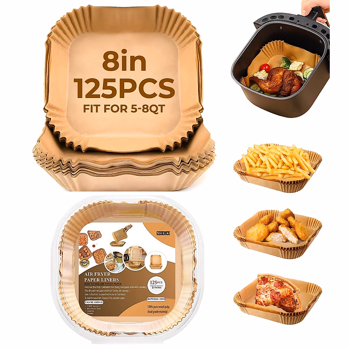 Air Fryer Disposable Paper Liner 125Pcs Square Parchment Paper Liners 8In Non-stick Unbleached Water & Oil Proof Airfryer liners for Microwave Oven baking & cooking