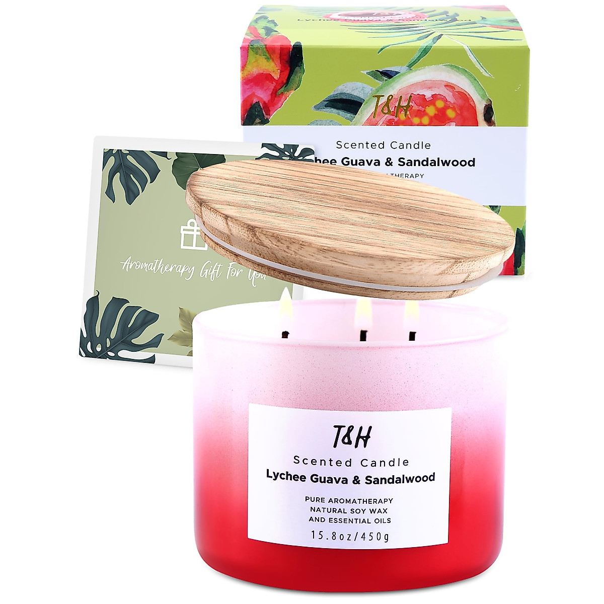 Lychee Guava Sandalwood Candle | Large 3-Wick Highly Scented Candle for Home | Natural Soy Candle 15.8 oz | Sweet & Refreshing Luxury Fragrance Candle | Relaxing Aromatherapy Candle for Women & Men