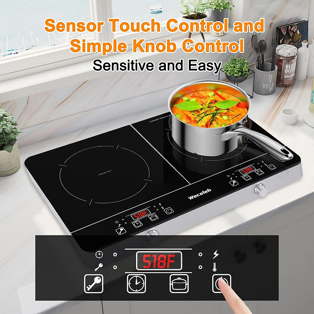 Portable Induction Cooktop 1800W Double Induction Cooktop Stove Hot Plates,2 Independent Touch Control with 2 Knobs,9 Power & 10 Temp Levels,Child Safety Lock,Timer