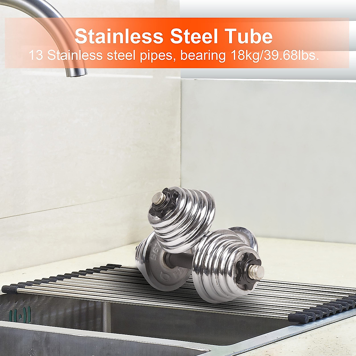 BUILOG Roll Up Dish Sink Drying Rack Extra Large Expandable to 22.9'',Stainless Steel Over Rolling up Mat Dish Drying Rack with 2 Storage Basket Holders for Kitchen Dishes Fruits