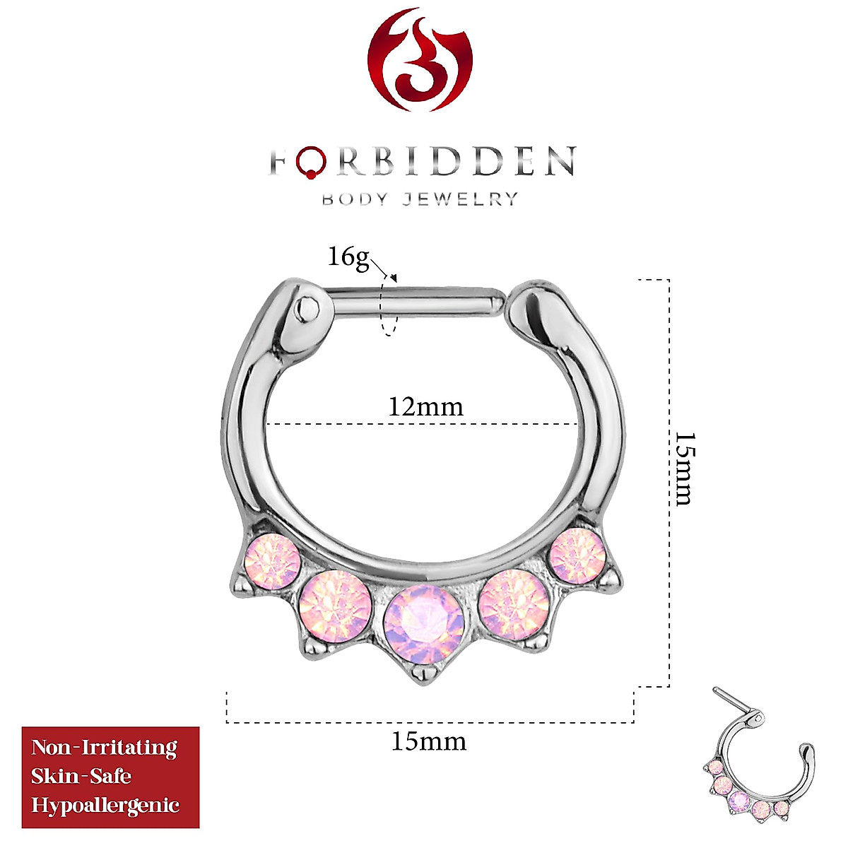 Forbidden Body Jewelry 16g Surgical Steel Synthetic Pink Opal Hanger Septum Clicker Hoop