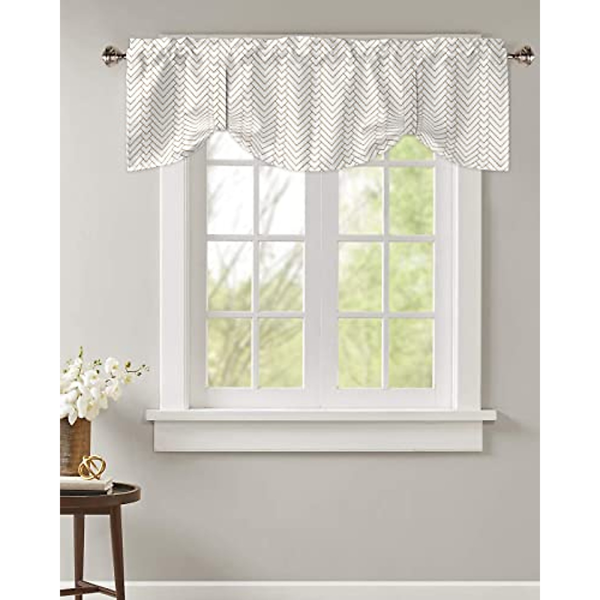 TocaHome Semi-Sheer Kitchen Valances for Windows, Adjustable Tie Up Valances Curtains Light Filtering, White-Gold Natural Herringbone Elegant Window Toppers Valances for Living Room/Bedroom 60x18in