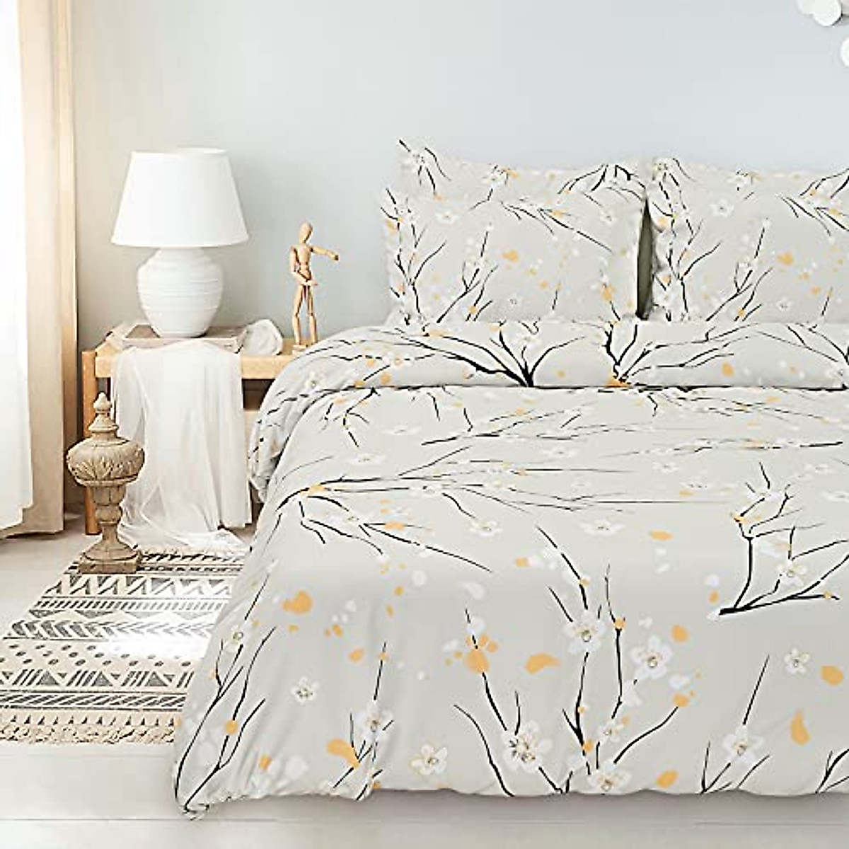 Lyacmy Plum Blossom Pattern Duvet Cover Set Queen Size(90x90in), 3 Pieces(1 Duvet Cover, 2 Pillow Shams), Light Grey Bedding Comforter Cover Sets, Soft Bedding Set with Zipper Closure