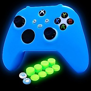 HLRAO Blue Silicone Cover Skin for Xbox Series X/S Controller Glow in The Dark Anti-Slip Soft Rubber Case Protector Accessories Set with 8 Glow in The Dark Thumb Grips Caps + 2 Cute Cat Paw Caps.