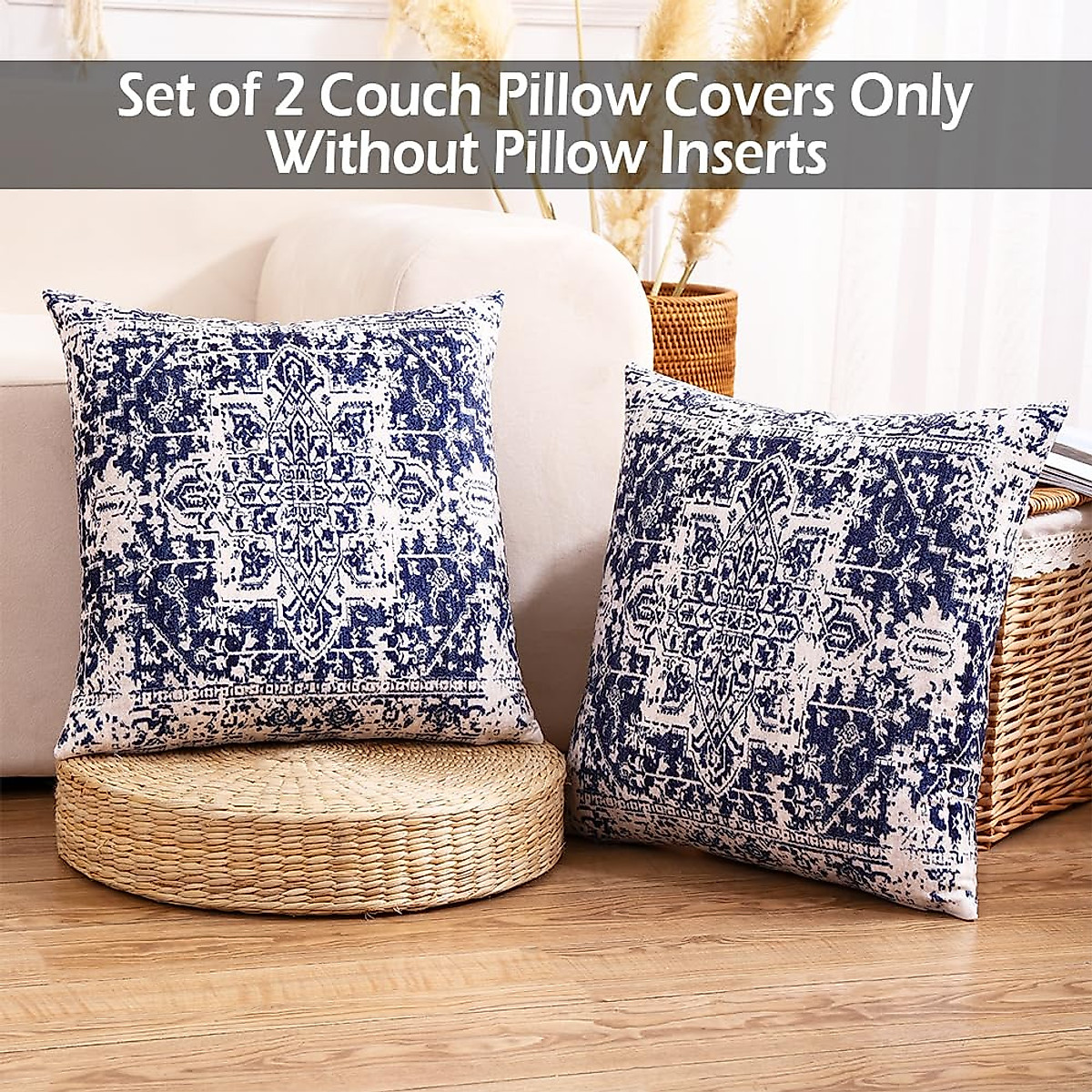 CARRIE HOME Navy Blue and White Farmhouse Decorative Throw Pillow Covers 18x18 Set of 2 Blue Boho Velvet Decorative Pillows 18 x 18 Soft Boho Room Decor for Couch Sofa and Bed