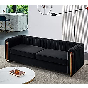 Melpomene Vertical Channel Tufted Velvet Sofa with Round Arm and Gold Metal Legs,Armrest 84.25" W（Black）