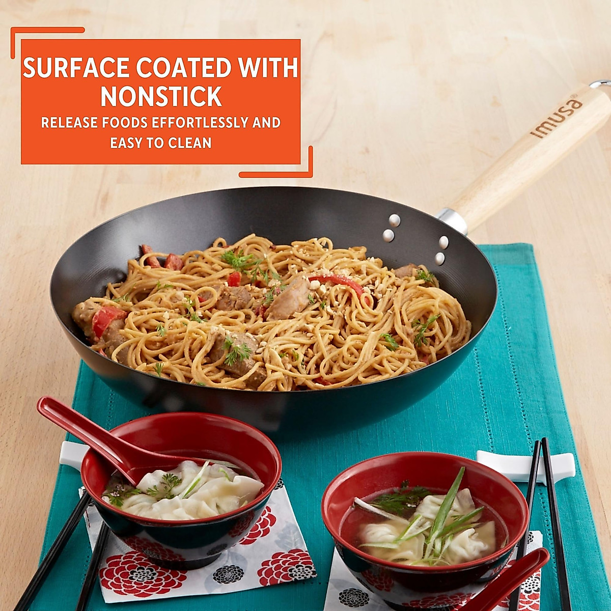 IMUSA USA IMU-52005 Nonstick Wok with Wood Handle 11-Inch