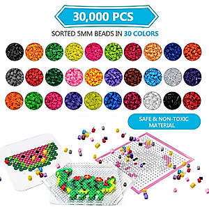 30,000 pcs Fuse Beads Kit 30 Colors 5MM for Kids, Including 10 Ironing Papers,48 Patterns, 7 Clear Pegboards, Tweezers, Perler Beads Compatible Kit