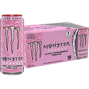 Monster Energy Ultra Strawberry Dreams, Sugar Free Energy Drink, 16 Ounce (Pack of 15)