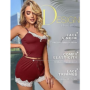 RSLOVE Women's Sexy Pajamas Sets Lace Trim Cami Shorts Sets PJ Set Lounge Set Sleepwear Wine Red Small