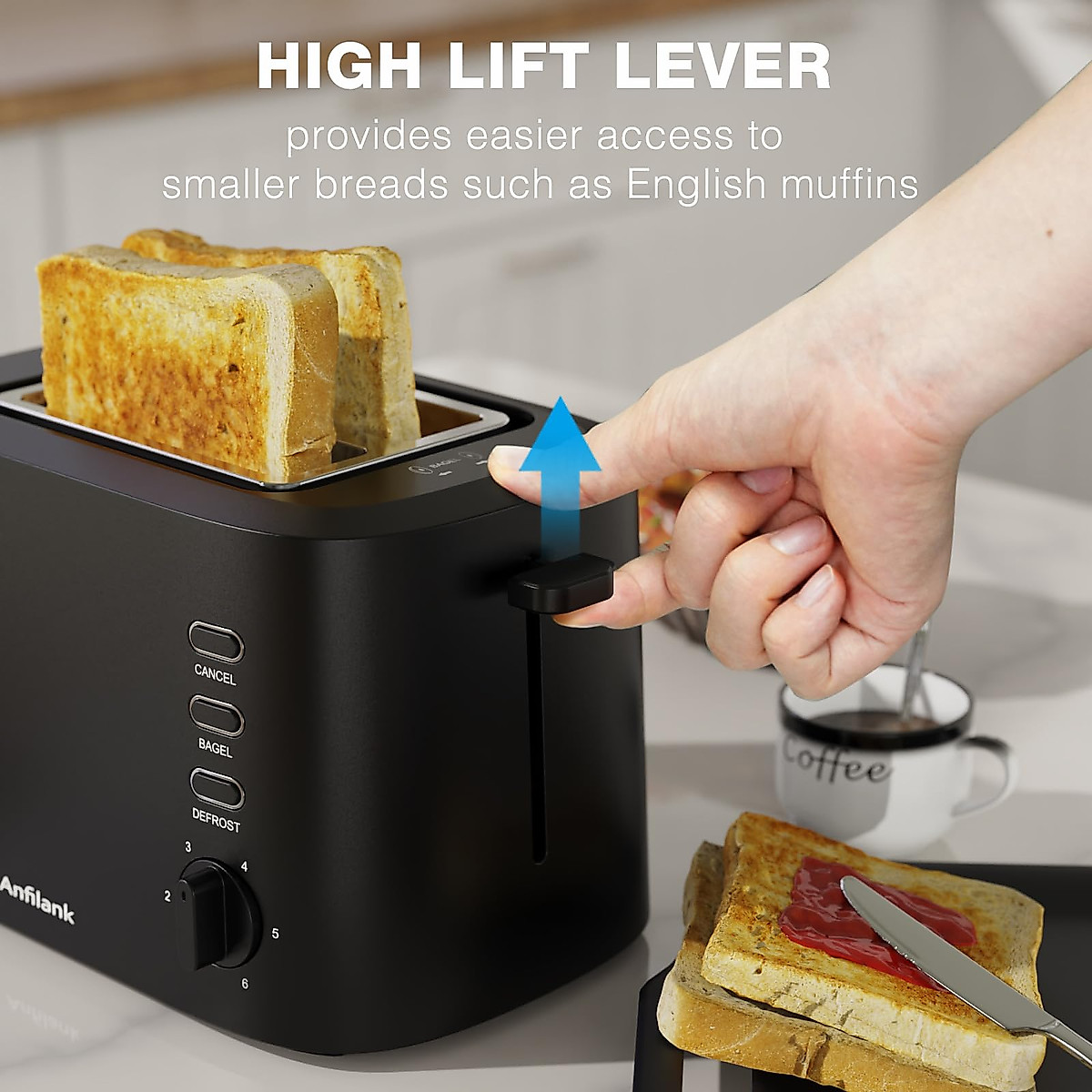 Anfilank Compact 2 Slice Toaster with 1.5" Extra Wide Slots, Built-in Warming Rack & Removable Crumb Tray - 6 Browning Options, with Defrost, Bagel, and Cancel Function - Matte Black