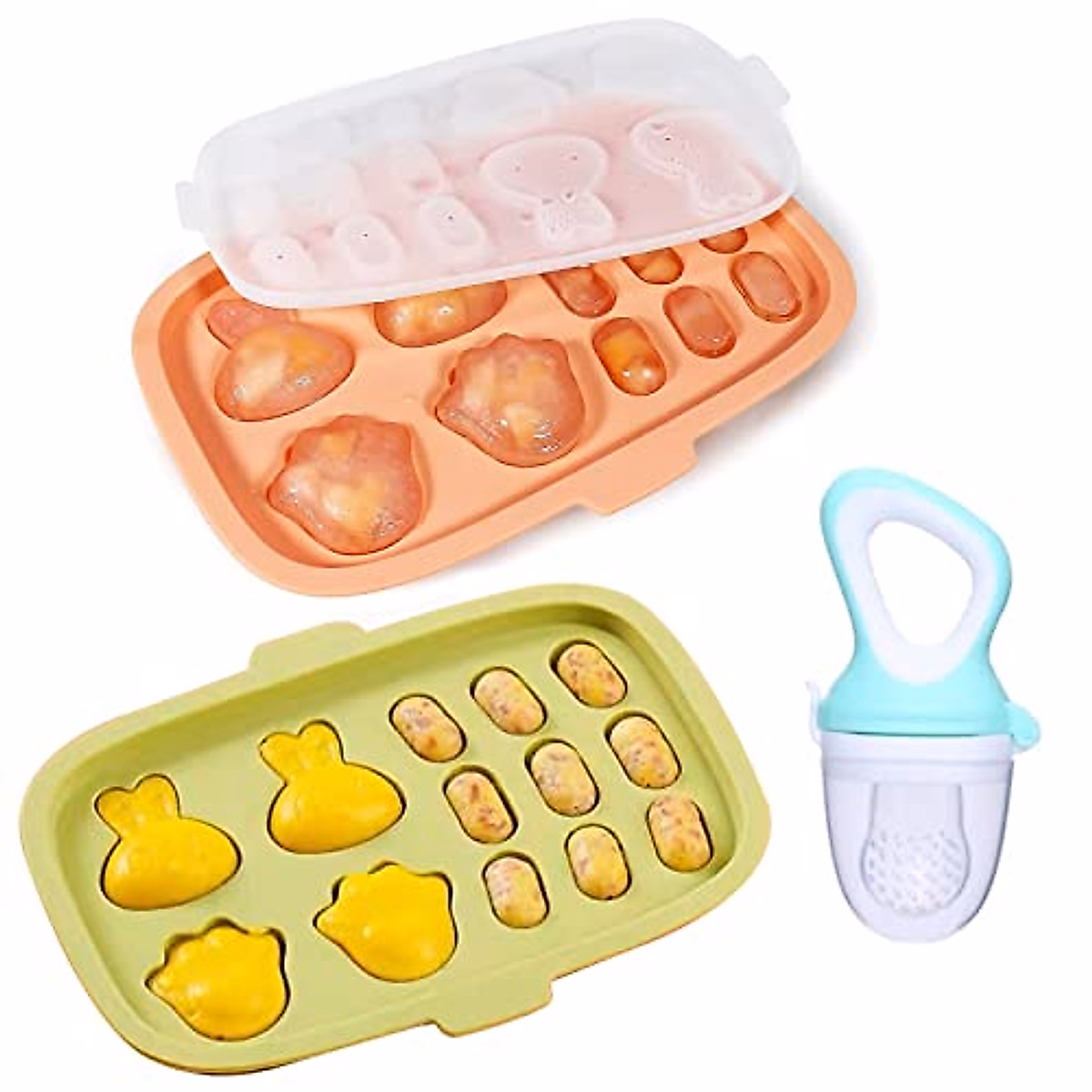 Baby Food Freezer Trays - Food Storage Containers with with Lids, Silicone Food Molds Trays for Homemade Baby Food, Breast Milk, Vegetable, Juice & Fruit Purees, 2 Pack (Orange/Green)