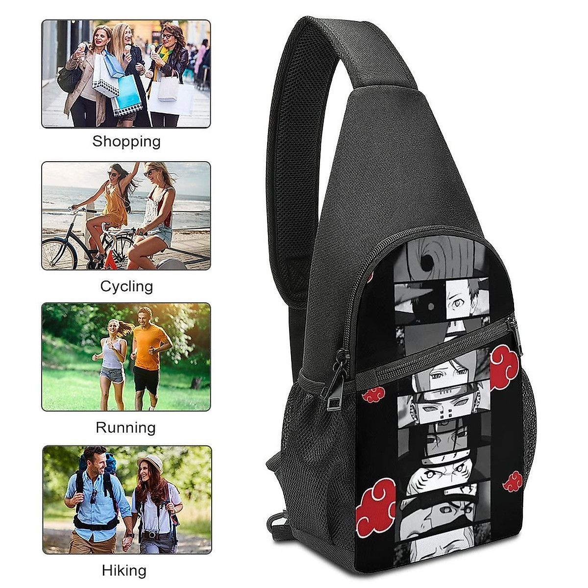 Small Sling Crossbody Bag Anime Printing Multifunction Chest Shoulder Bag Waterproof Hiking Travel Bag with Adjustable Strap for Women Men (Black)