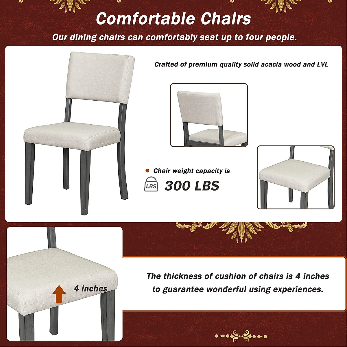 Merax 5-Piece Retro Round Dining Table Set with Curved Trestle Style Legs and 4 Upholstered Chairs, Kitchen Furniture, 44 x 44 x 30.2, Grey