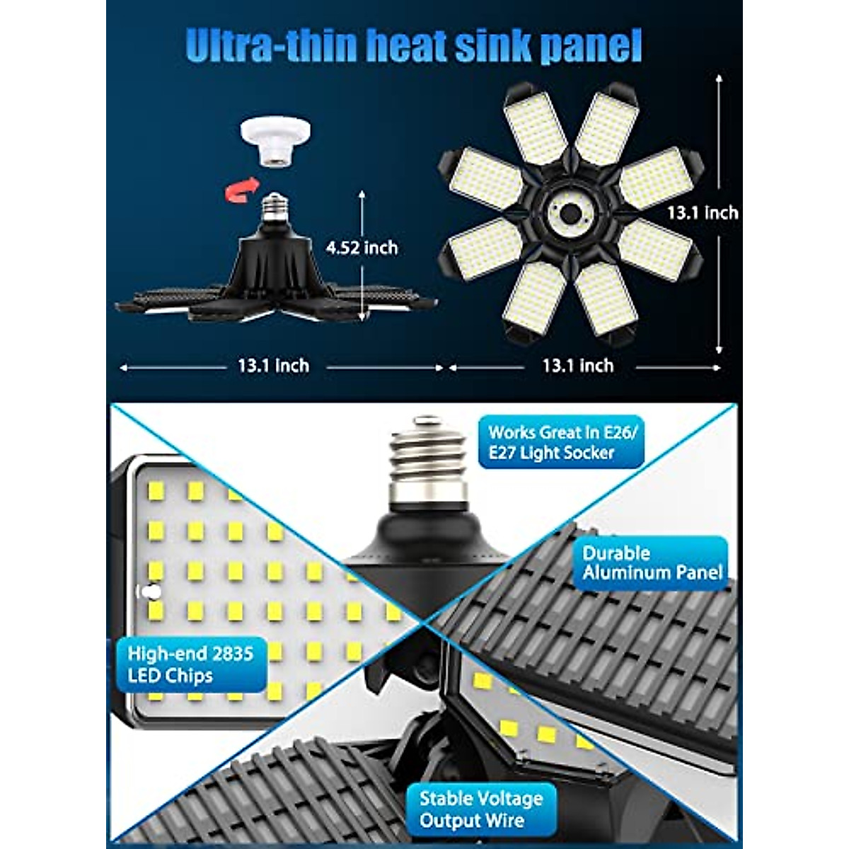 TANBABY 2 Pack Upgrade LED Garage Lights,Total 50000LM Deformable Best Garage Light Ceiling LED Shop Lights, 250W E26/E27 LED Light Garage Lighting with 8+1 Adjustable Panels Garage Bulb for Basement