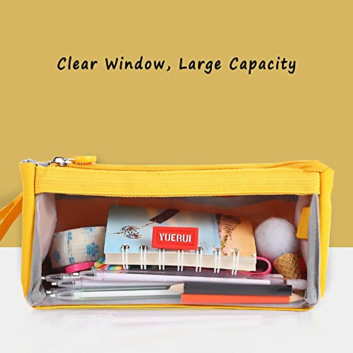 DIYOMR Clear Window Pen Bag Pencil Pouch Pen Cases for Adults, Small Makeup Bag Zipper Stationery Bag For Office Teen College Students Adults Grils Boys(Yellow)