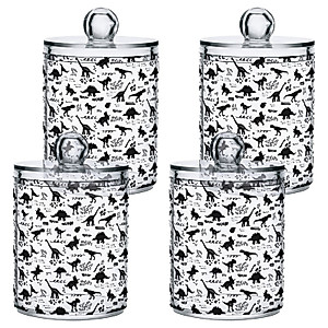 4 Pack Qtip Dispenser Apothecary Jars Dino Bathroom Organizer, Funny Dinosaurs Ink Qtip Holder Storage Canister Plastic Acrylic Jar for Cotton Ball/Swab/Rounds