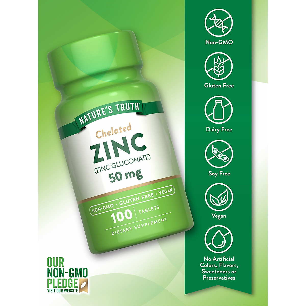 Nature's Truth Chelated Zinc 50mg | 100 Tablets | Essential Mineral Supplement | from Zinc Gluconate | Vegetarian, Non-GMO, Gluten Free