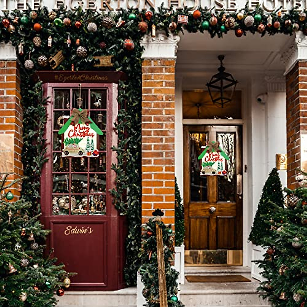 KIMOBER Lighted Merry Christmas Hanging Sign,Battery Operated Rustic Wooden Cabin Hanging Xmas Sign for Front Door Outdoor Indoor Decorations