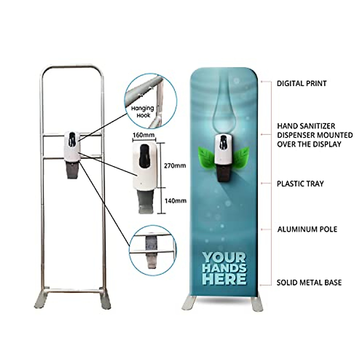 BannerBuzz Hand Sanitizer Automatic Dispenser Floor Stand Kit Touchless Machine with YOUR HANDS HERE Fabric Banner Stand Best for Hospital, Home, School, Office- 2 X 6.5 Ft (Double Side Print, Theme2)