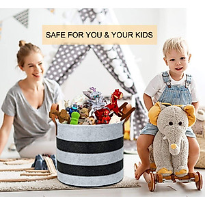 Round Storage Basket Medium Bin Towels Blanket Basket Foldable Laundry Baskets with PU Handles Felt Fabric Bins for Home, Living Room, Bathroom