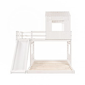 MERITLINE House Bed Bunk Beds with Slide Twin Over Full Size Bunk Bed Frame with Slide,Wooden Playhouse - Design Slide Bunk Beds Twin Over Full Bunk for Boys and Girls
