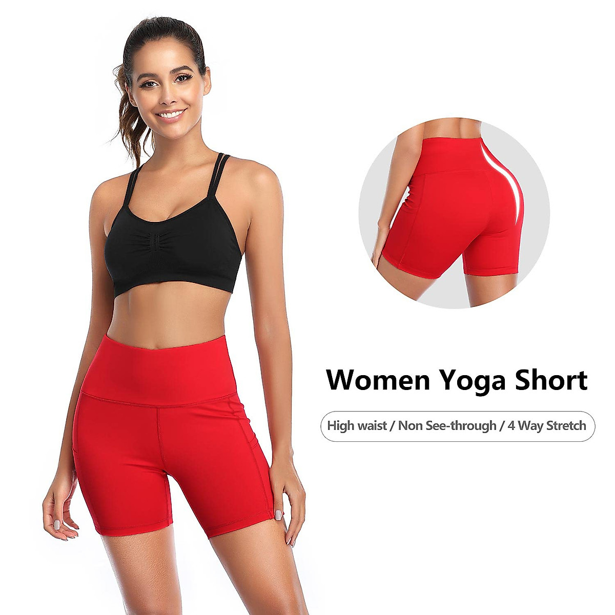 DAYOUNG Women Yoga Shorts High Waist Tummy Control Workout Biker Running Athletic Compression Short with Pockets Y27-Red-M