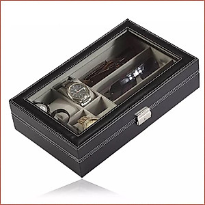 RJ Displays Valet Jewelry Box for Men - Holds 6 Watches, 3 Sunglasses Tray Storage Holder Mens Watch Case Organizer with Metal Accents, PU Leather & Large Glass Lid - Black Watc + Gift Box