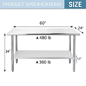 Hally Stainless Steel Table for Prep & Work 24 x 60 Inches, NSF Commercial Heavy Duty Table with Undershelf and Galvanized Legs for Restaurant, Home and Hotel